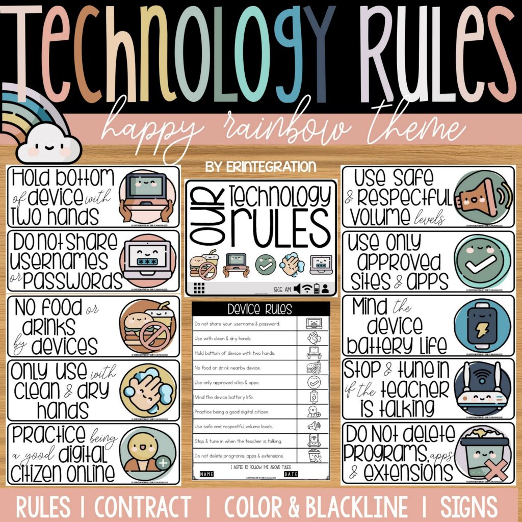 Boho Rainbow Technology Rules Posters | Bulletin Board | Color ...