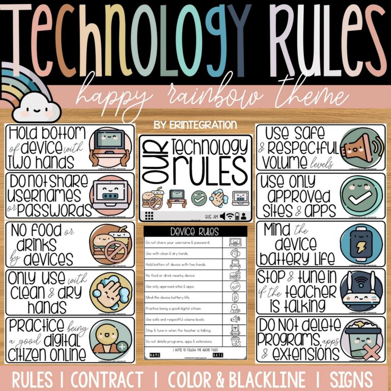 Boho Rainbow Technology Rules Posters | Bulletin Board | Color ...