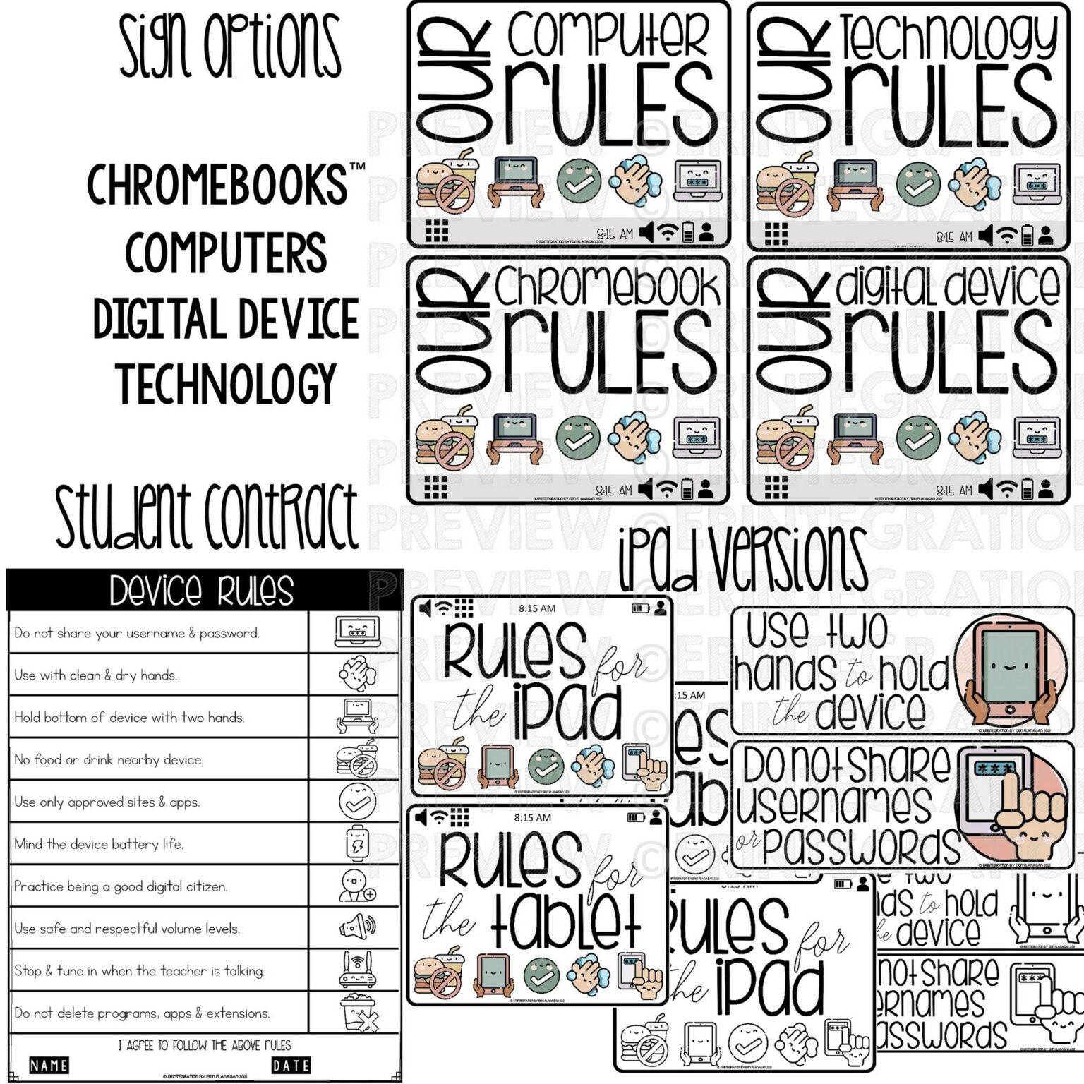 Boho Rainbow Technology Rules Posters | Bulletin Board | Color ...