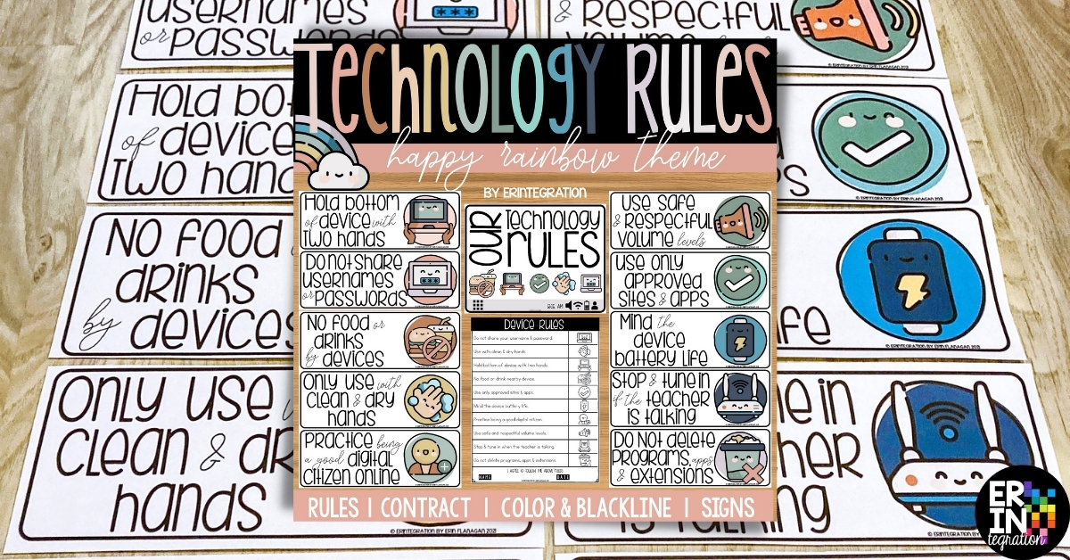 Boho Rainbow Technology Rules Posters | Bulletin Board | Color ...