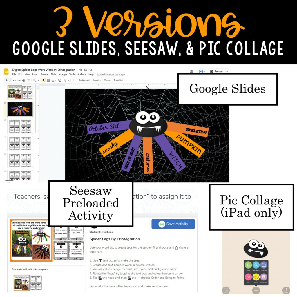 Digital Halloween Spider Legs Word Study for Seesaw & Google Slides ...