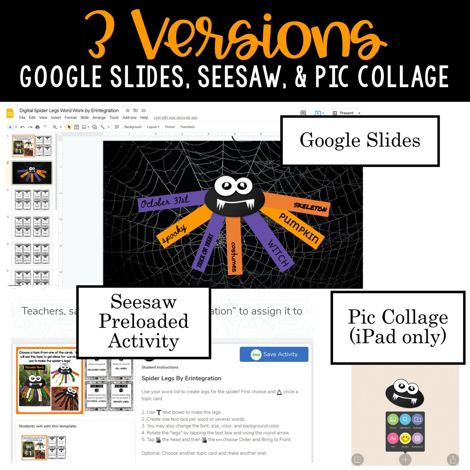 Digital Halloween Spider Legs Word Study for Seesaw & Google Slides ...
