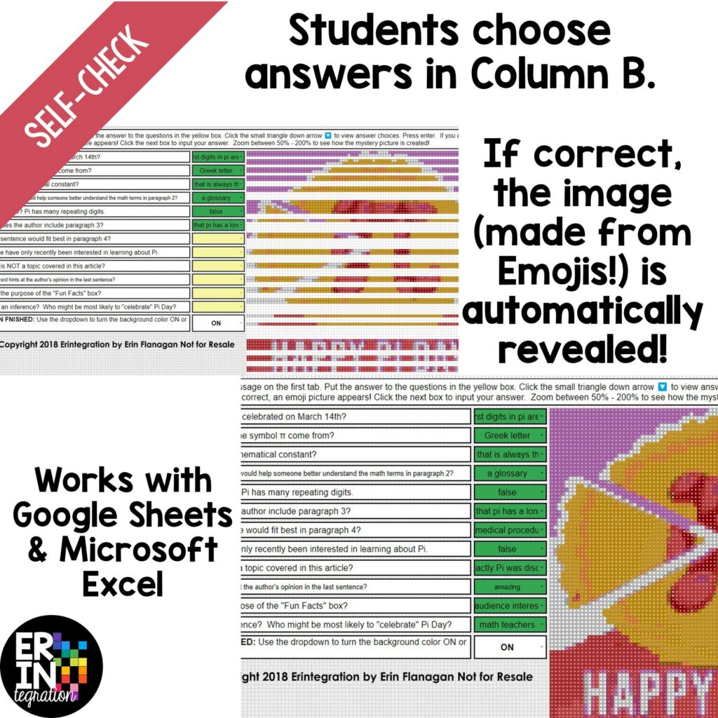 Pi Day Google Sheets Emoji Pixel Art Nonfiction Reading Comprehension ...