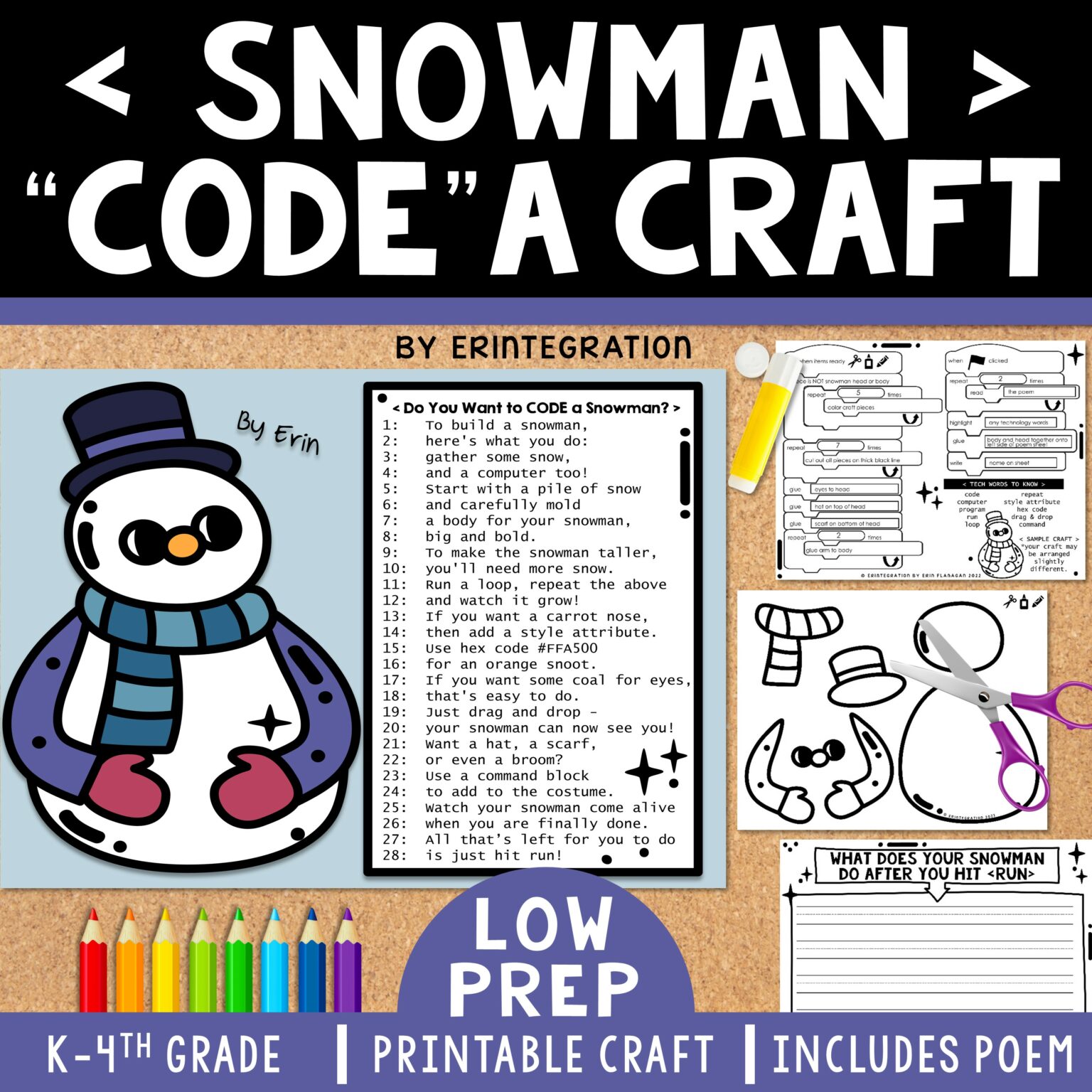 Snowman Craft & Coding Activity: One Page Craft, Poem, & Writing Bulletin Board - Erintegration
