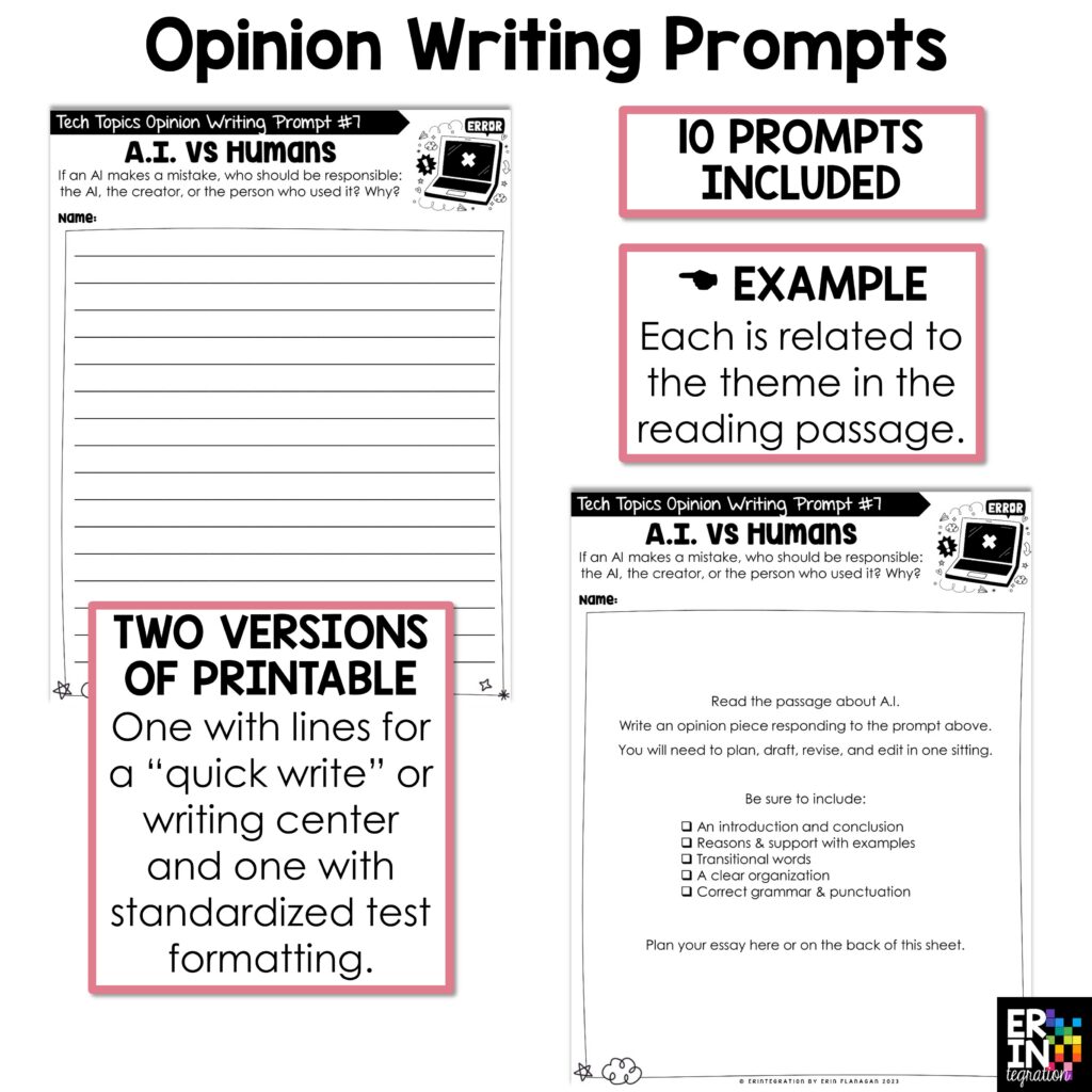 Tech Topics Opinion Writing Prompts & Reading Passage: AI vs Humans ...